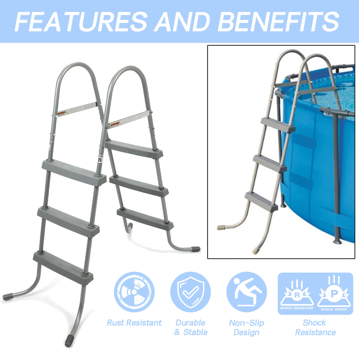Kojem 36 Inch Swimming Pool Ladder with 3-Step Plastic Removable Non-S ...